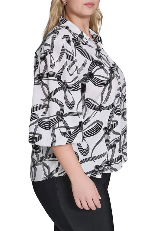 Karl Lagerfeld Paris Bow Print Crepe Button-up Shirt
