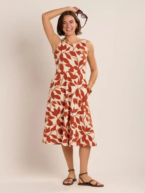 BRAKEBURN Adla Trailing Leaf Print Midi Dress - Brown