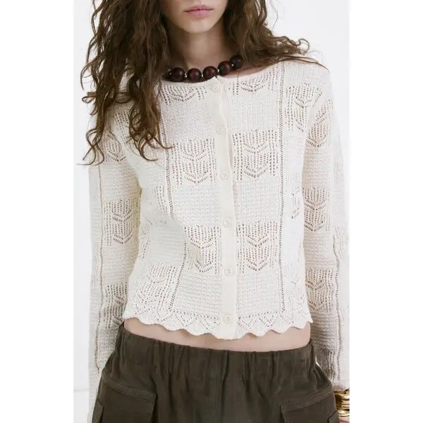 Mango Pointelle Crop Cotton Blend Cardigan - Ecru