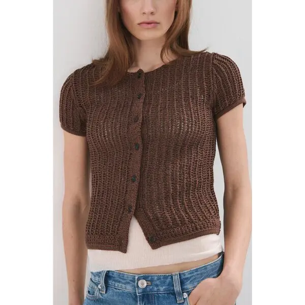 Mango Short Sleeve Crochet Cardigan - Chocolate