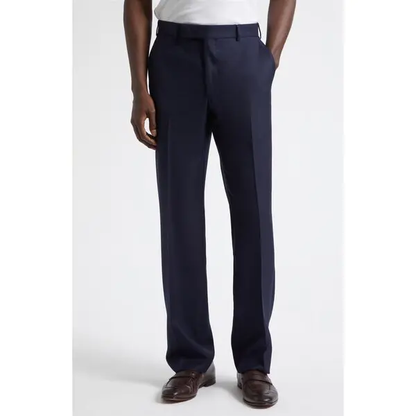 Thom Sweeney Flat Front Wide Leg Virgin Wool Trousers - Navy