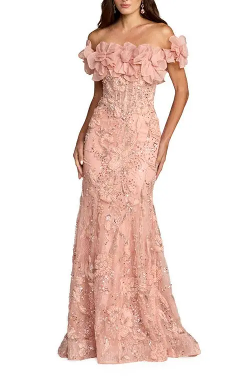 Mac Duggal 3d Floral Embellished Off The Shoulder Mermaid Gown - Blush
