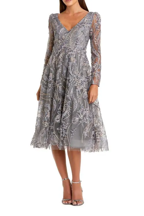 Mac Duggal Floral Embroidered V-neck Midi Dress - Charcoal