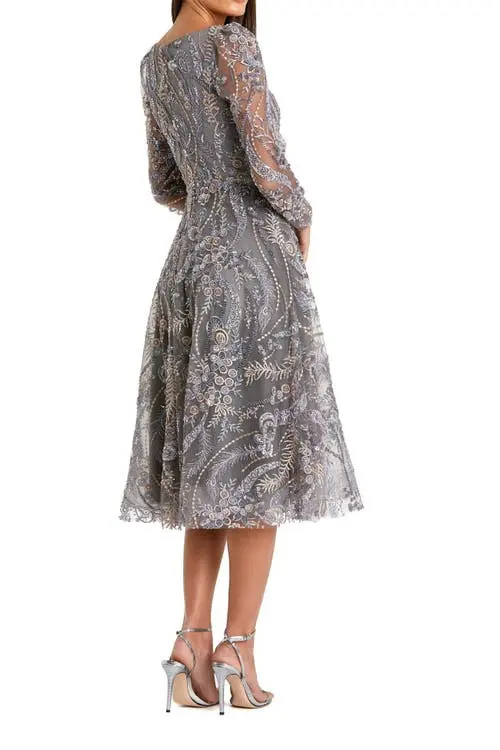 Mac Duggal Floral Embroidered V-neck Midi Dress