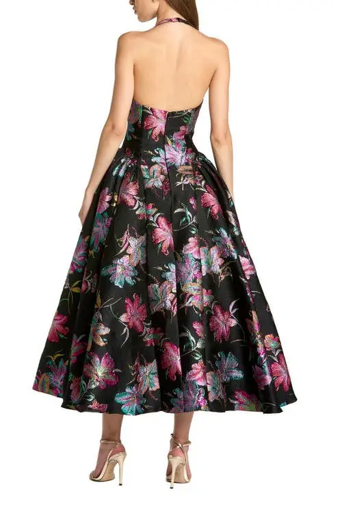 Mac Duggal Floral Metallic Brocade Halter Neck Midi Dress