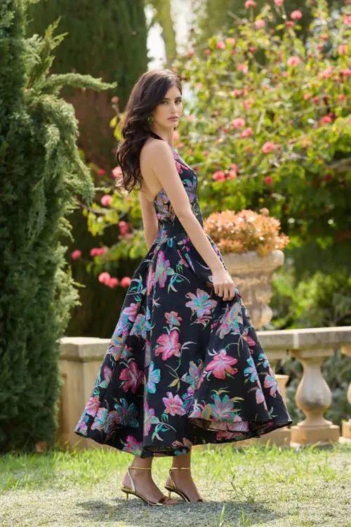 Mac Duggal Floral Metallic Brocade Halter Neck Midi Dress