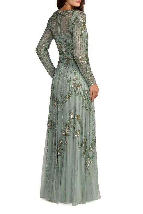 Mac Duggal Embellished Tulle Long Sleeve A-line Gown