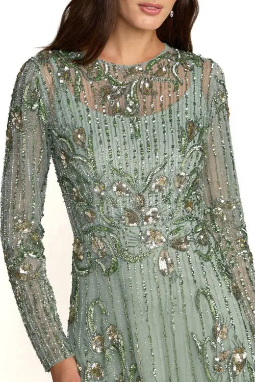 Mac Duggal Embellished Tulle Long Sleeve A-line Gown