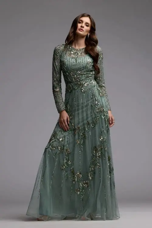 Mac Duggal Embellished Tulle Long Sleeve A-line Gown