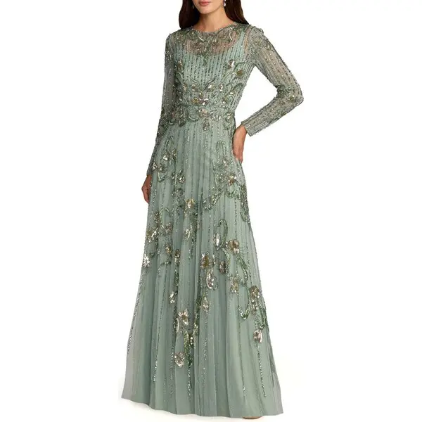 Mac Duggal Embellished Tulle Long Sleeve A-line Gown - Sage