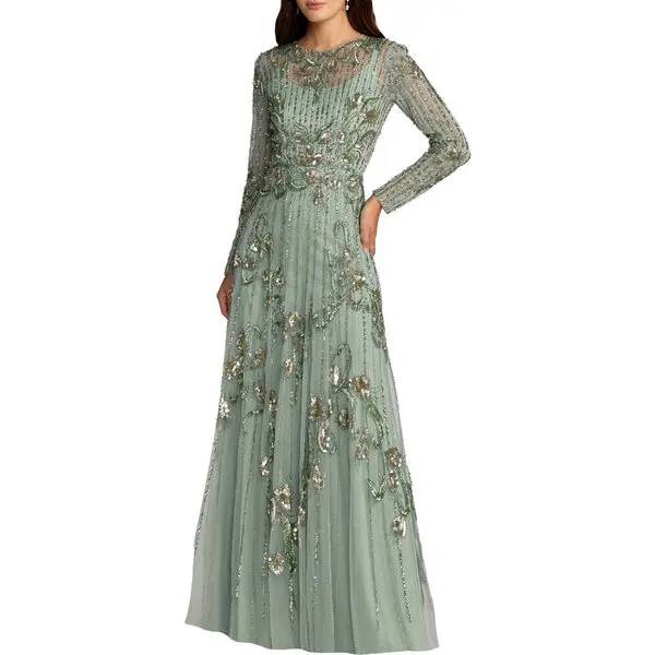 Mac Duggal Embellished Long Sleeve A-line Gown - Sage