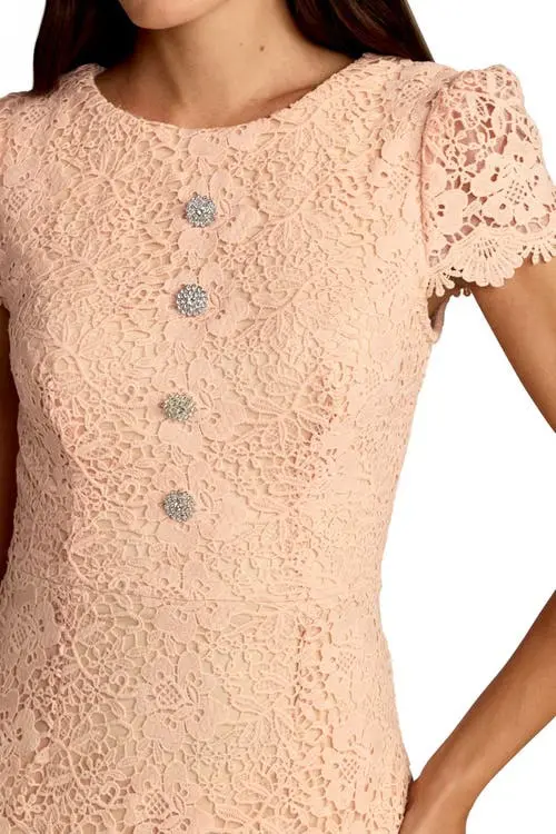 Mac Duggal Embroidered Lace Midi Dress With Cap Sleeves