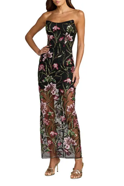 Mac Duggal Strapless Floral Embroidered Column Dress - Black Multi