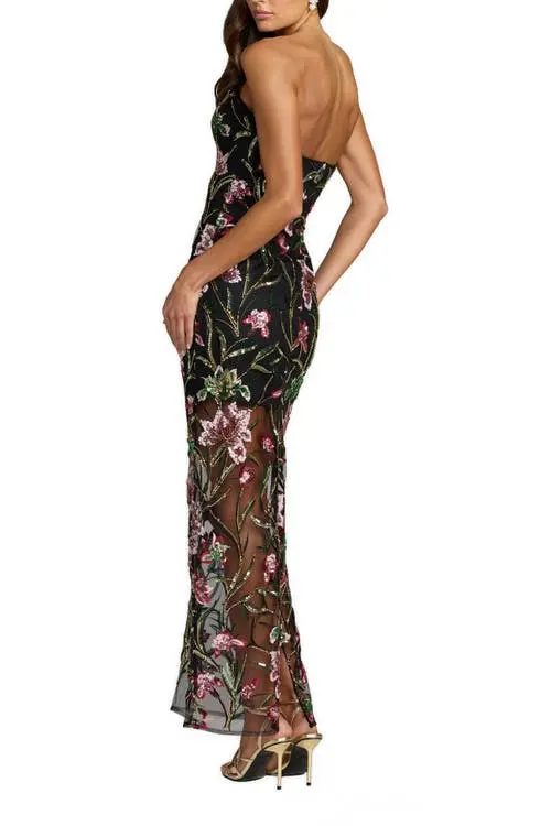 Mac Duggal Strapless Floral Embroidered Column Gown
