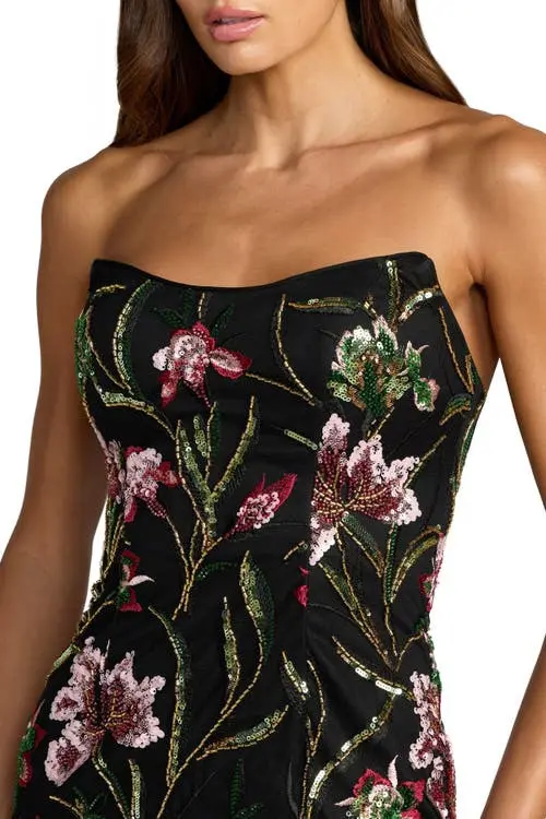 Mac Duggal Strapless Floral Embroidered Column Gown