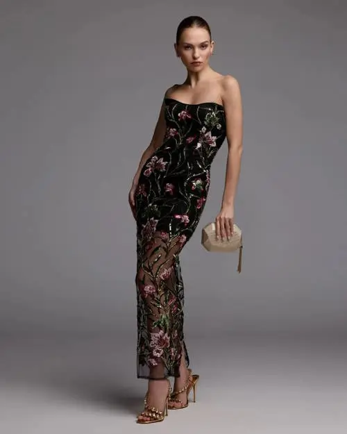 Mac Duggal Strapless Floral Embroidered Column Gown
