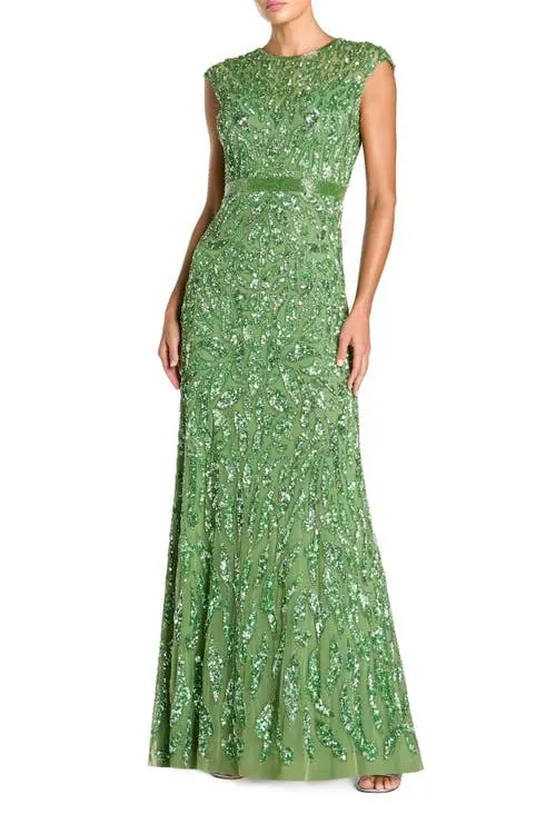 Mac Duggal Embellished Illusion Cap Sleeve Column Gown - Sage