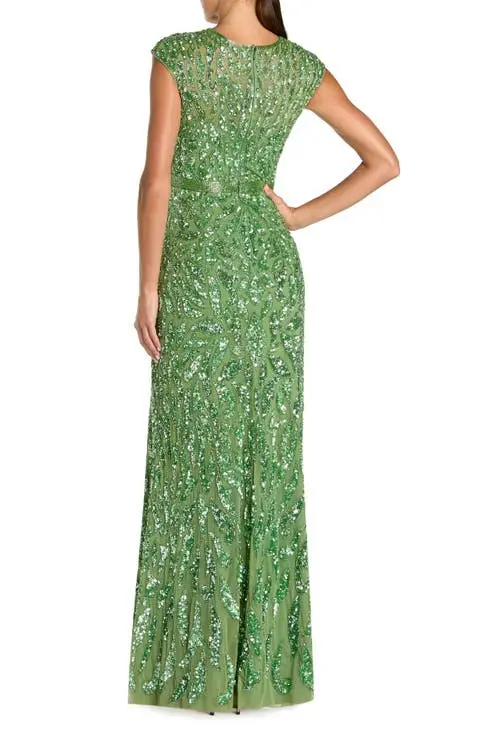 Mac Duggal Embellished Illusion Cap Sleeve Column Gown