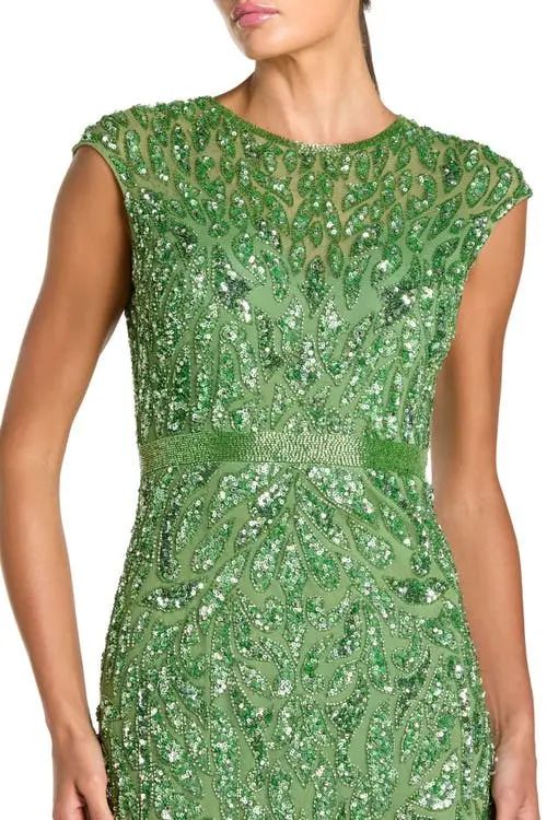 Mac Duggal Embellished Illusion Cap Sleeve Column Gown