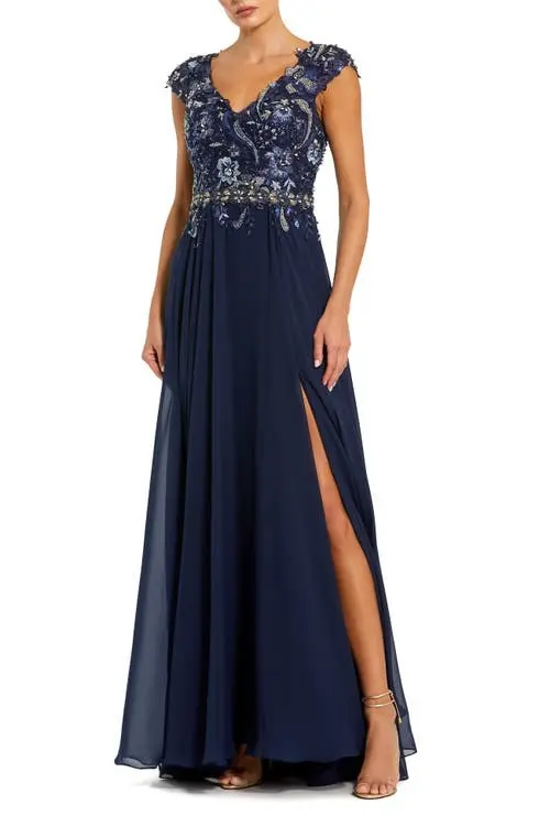 Mac Duggal Embellished Cap Sleeve Chiffon Gown - Midnight