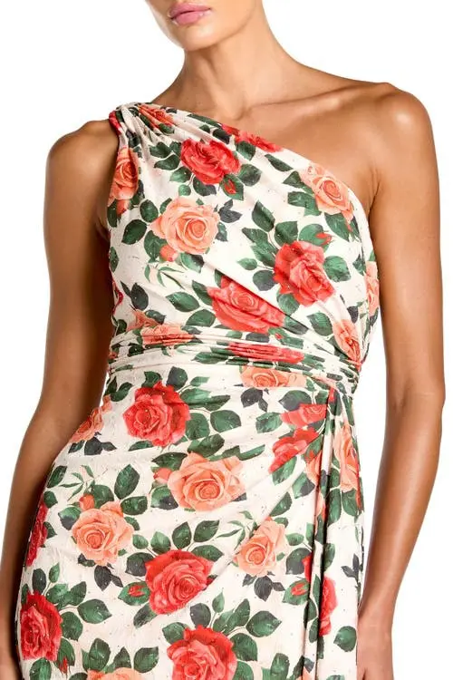 Mac Duggal One-shoulder Charmeuse Gown With Drape And Floral Print