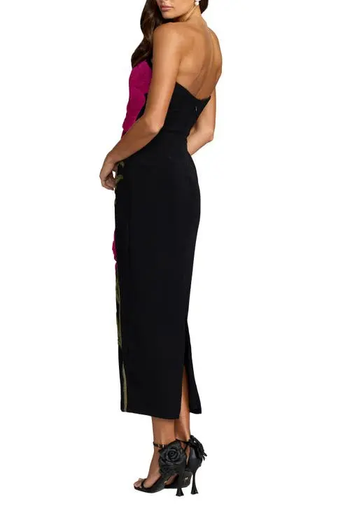 Mac Duggal Strapless Floral Embroidered Midi Dress
