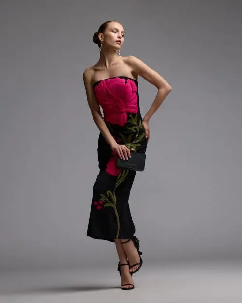 Mac Duggal Strapless Floral Embroidered Midi Dress