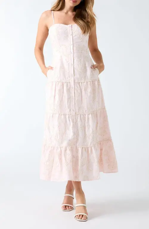 Guess Evelyn Eyelet Embroidery Midi Dress - Pink Multi