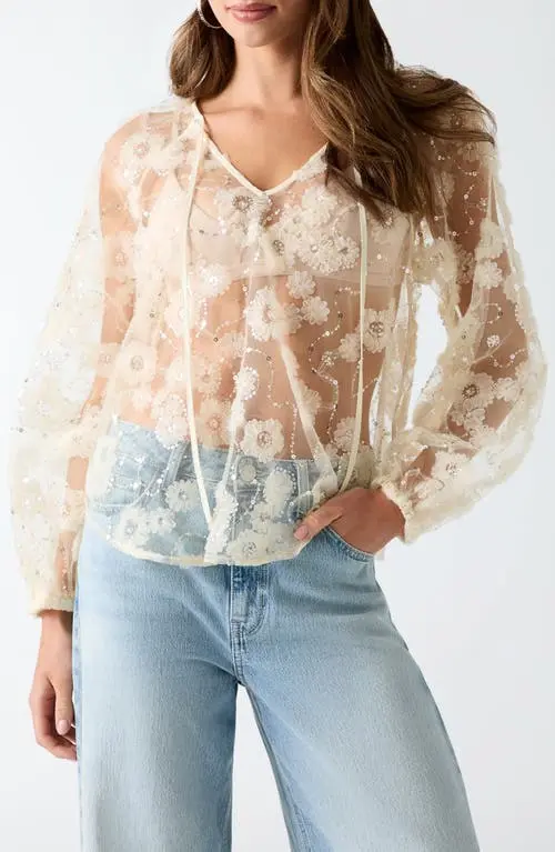 Guess Sequin Embellished Sheer Blouse With Front Tie - Cream White Multi