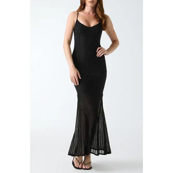 Guess Meena Rib Knit Sheer Maxi Dress - Black