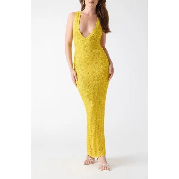Guess Ellie Pointelle Knit Maxi Dress - Medium Yellow