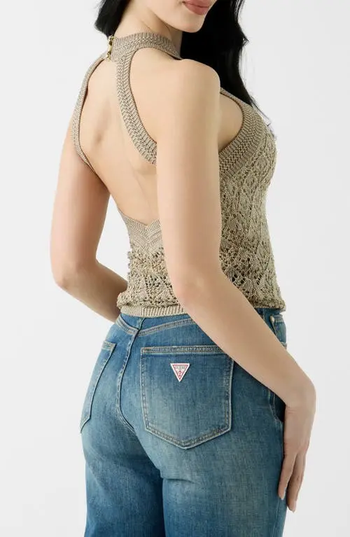 Guess Serina Metallic Pointelle Knit Halter Top