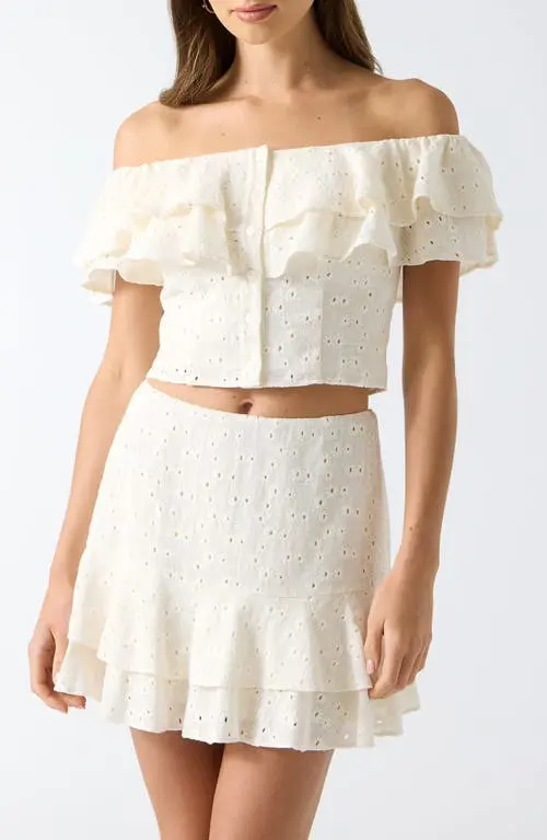 Guess Eyelet Off-the-shoulder Ruffled Crop Top - Ivory