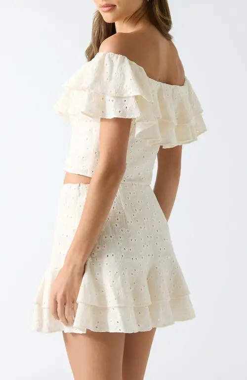 Guess Eyelet Off-the-shoulder Ruffled Crop Top - Ivory