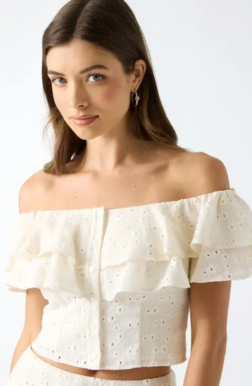 Guess Eyelet Off-the-shoulder Ruffled Crop Top - Ivory