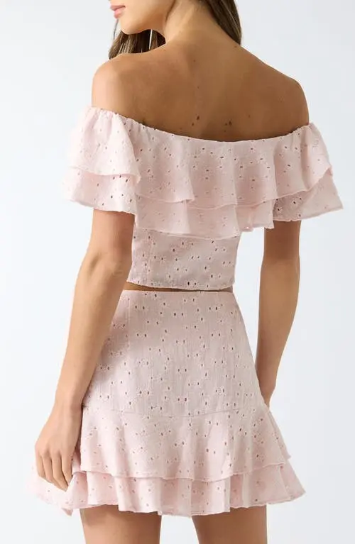Guess Eyelet Off-the-shoulder Ruffled Crop Top