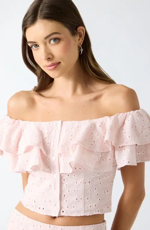 Guess Eyelet Off-the-shoulder Ruffled Crop Top