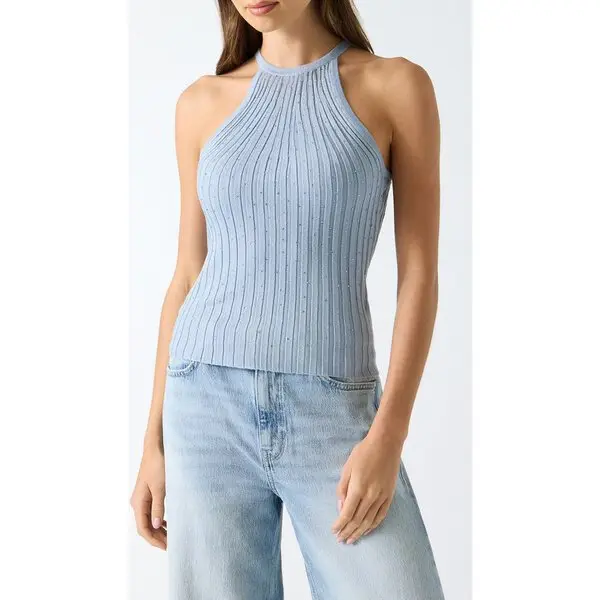 Guess Metallic Rib Knit Halter Tank Top - Blue