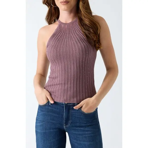 Guess Metallic Rib Knit Halter Tank Top - F45y-open