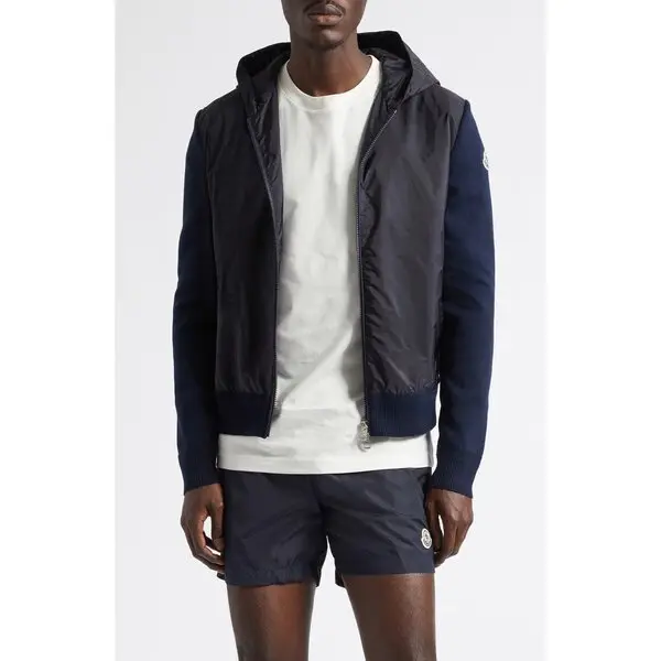 Moncler Mixed Media Hooded Cardigan - Obsidian Blue
