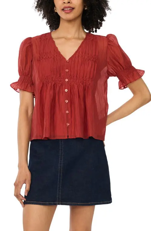 Vince Camuto Pintucked Chiffon Puff Sleeve Top - Rust 242
