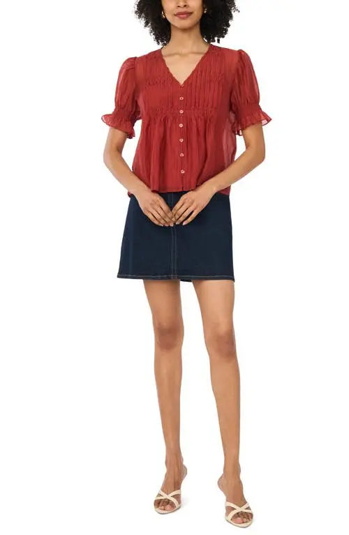 Vince Camuto Pintucked Chiffon Puff Sleeve Top - Rust 242