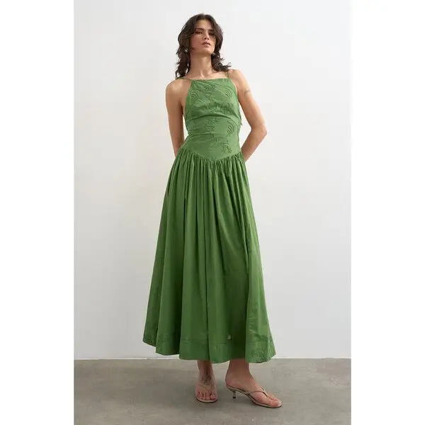 Topshop Embroidered Open Back Cotton Maxi Dress - Medium Green