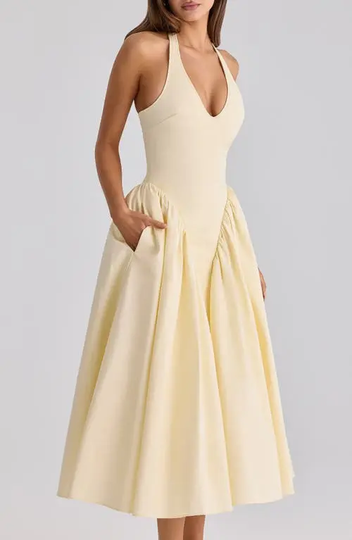 House Of Cb Marilyn Halterneck Cotton Blend Midi Dress - Lemon