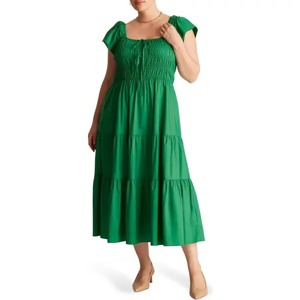 ESTELLE Alana Smocked Cotton Tiered Midi Dress - Emerald