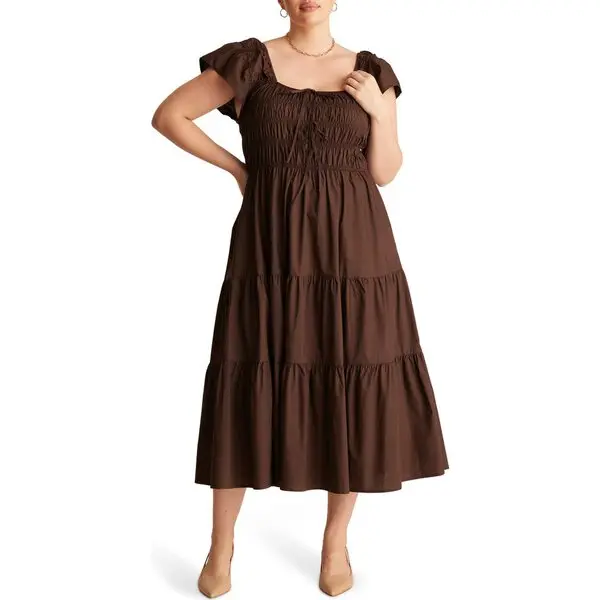 ESTELLE Alana Smocked Cotton Tiered Midi Dress - Truffle