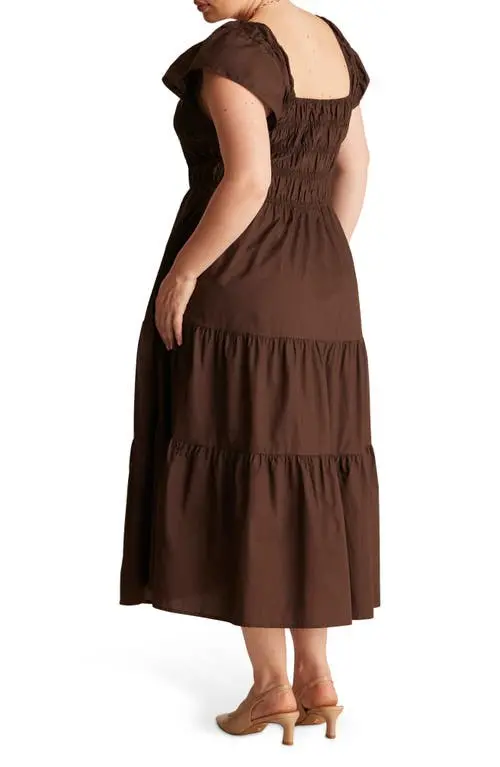 ESTELLE Alana Smocked Cotton Tiered Midi Dress - Truffle