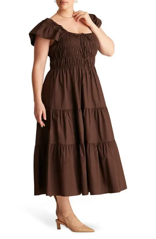 ESTELLE Alana Smocked Cotton Tiered Midi Dress - Truffle