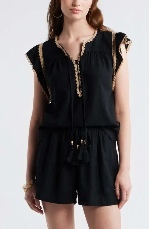 Treasure & Bond Crochet Trim Linen Blend Top - Black