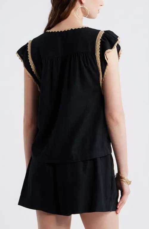 Treasure & Bond Crochet Trim Linen Blend Top - Black